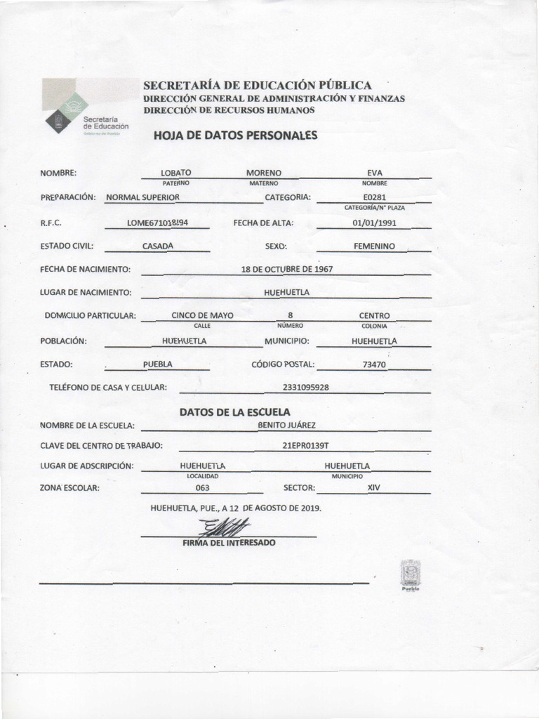 Hoja de Datos Personales | PDF