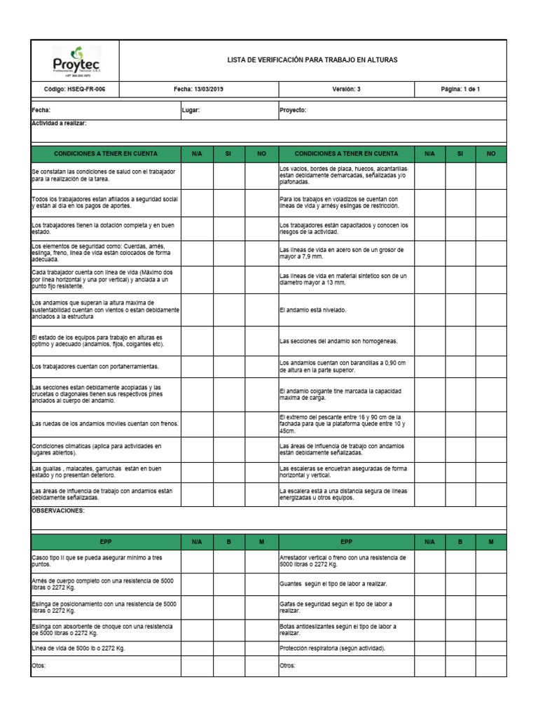 Hseq-Fr-006 Lista de Verificacion de Trabajos en Alturas v3 | PDF | Andamio