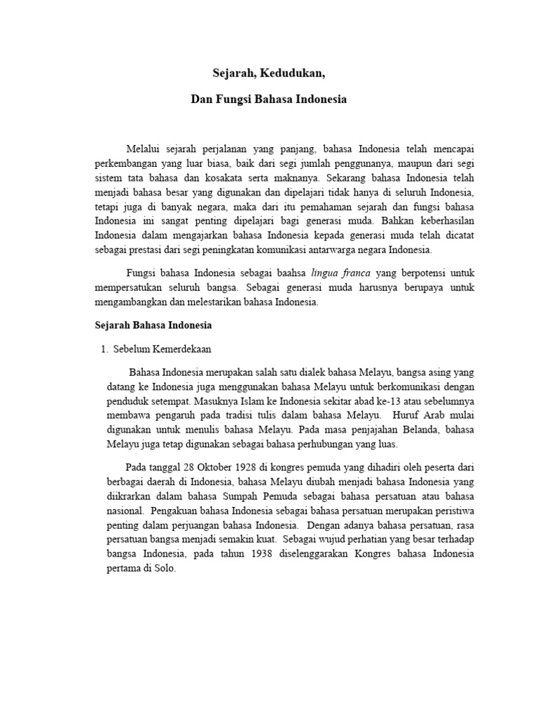 Sejarah dan Fungsi Bahasa Indonesia | PDF