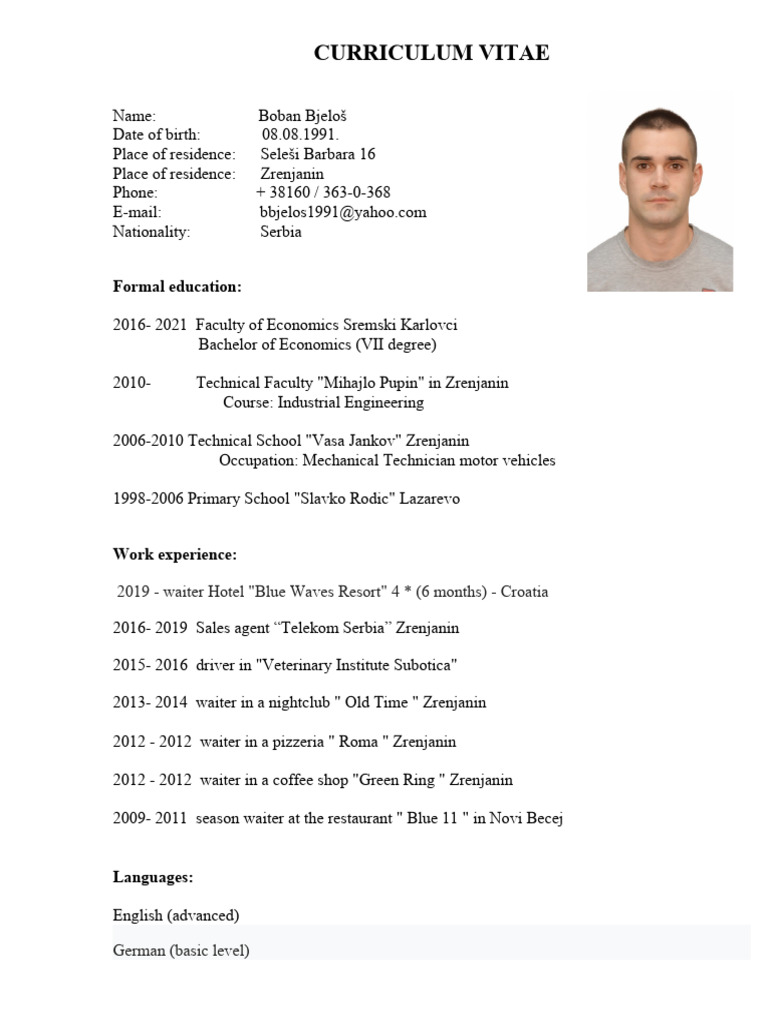 CURRICULUM VITAE Boban Engleski | PDF | Career & Growth