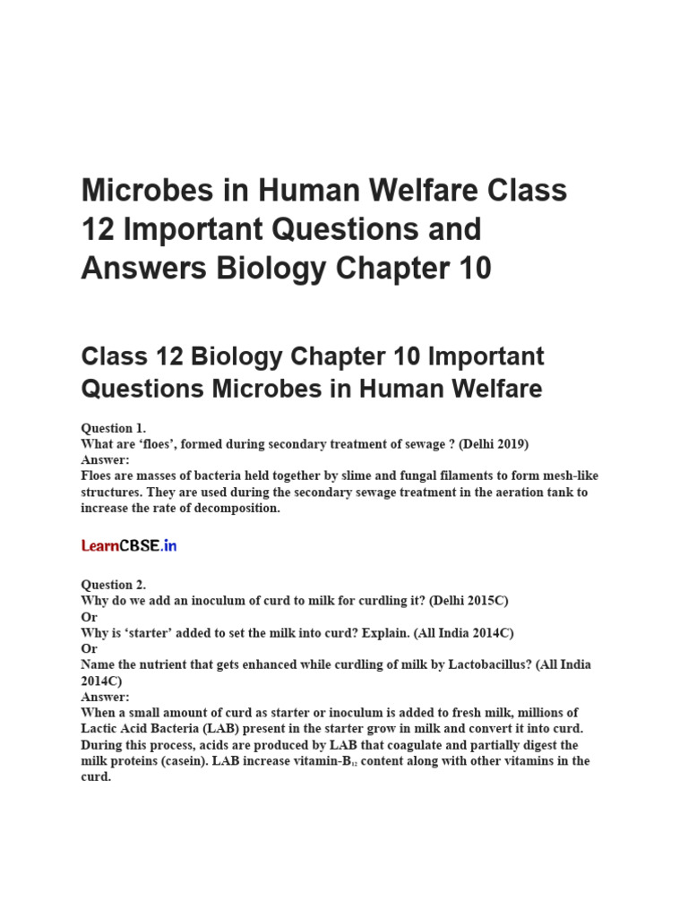 Microbes in Human Welfare Class 12 Important Questions and Answers ...