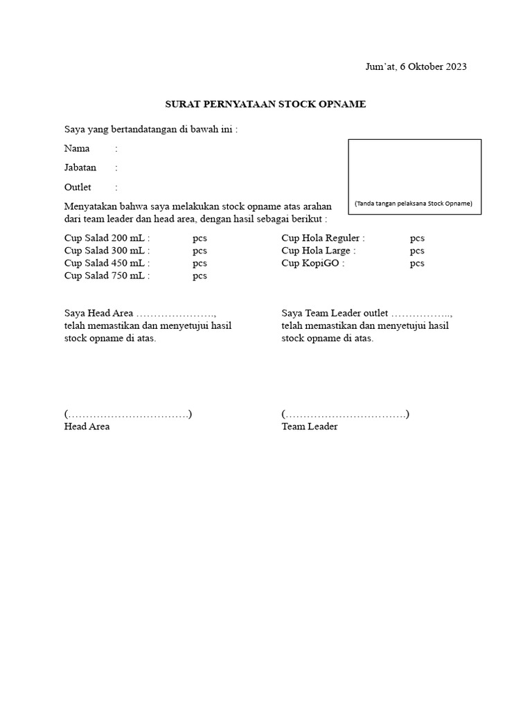 Surat Pernyataan Hasil Stock Opname | PDF | Griya & Taman