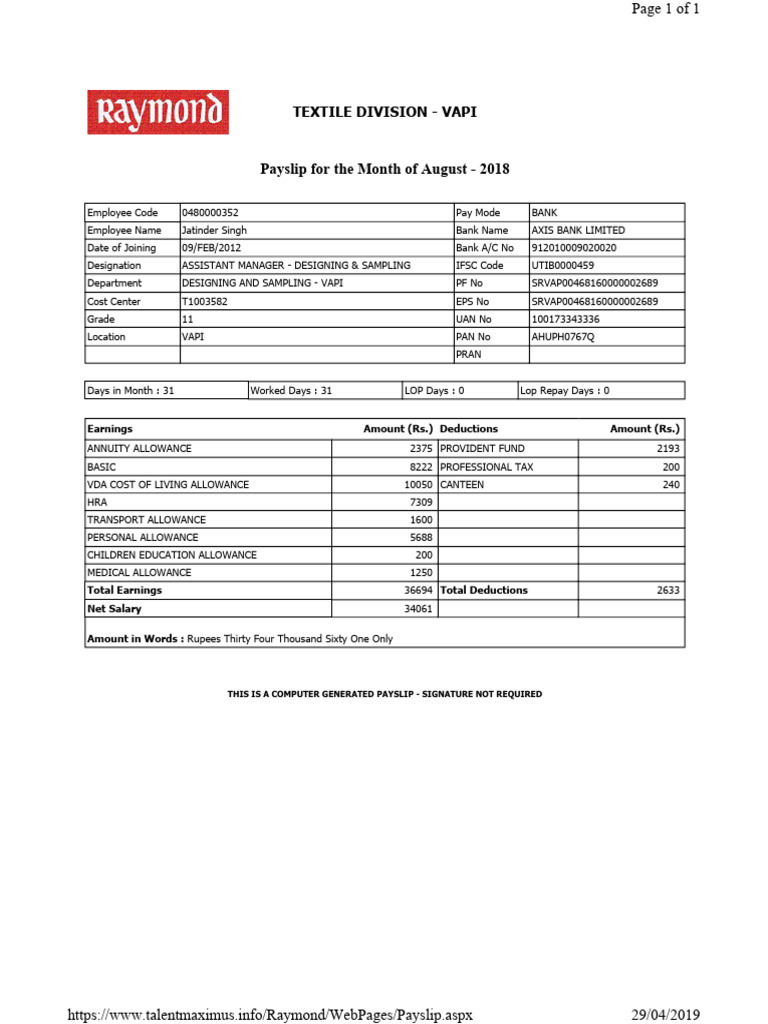 Textile Division - Vapi: This Is A Computer Generated Payslip ...