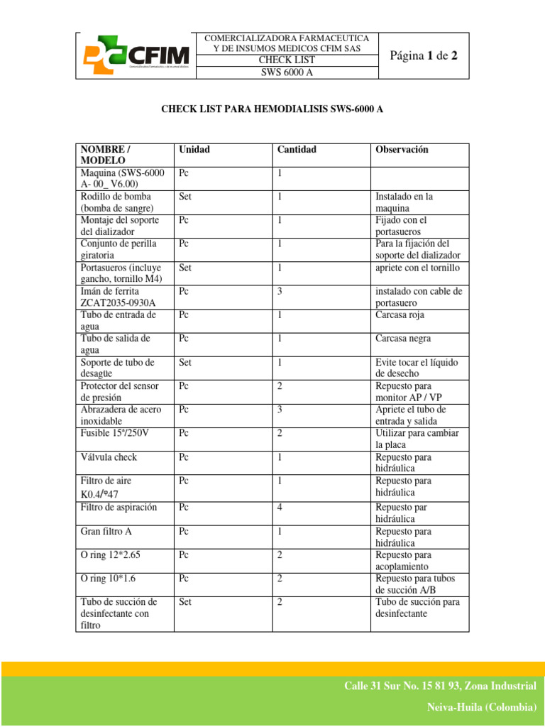 SWS 6000 Check List | PDF | Bomba | Herramientas