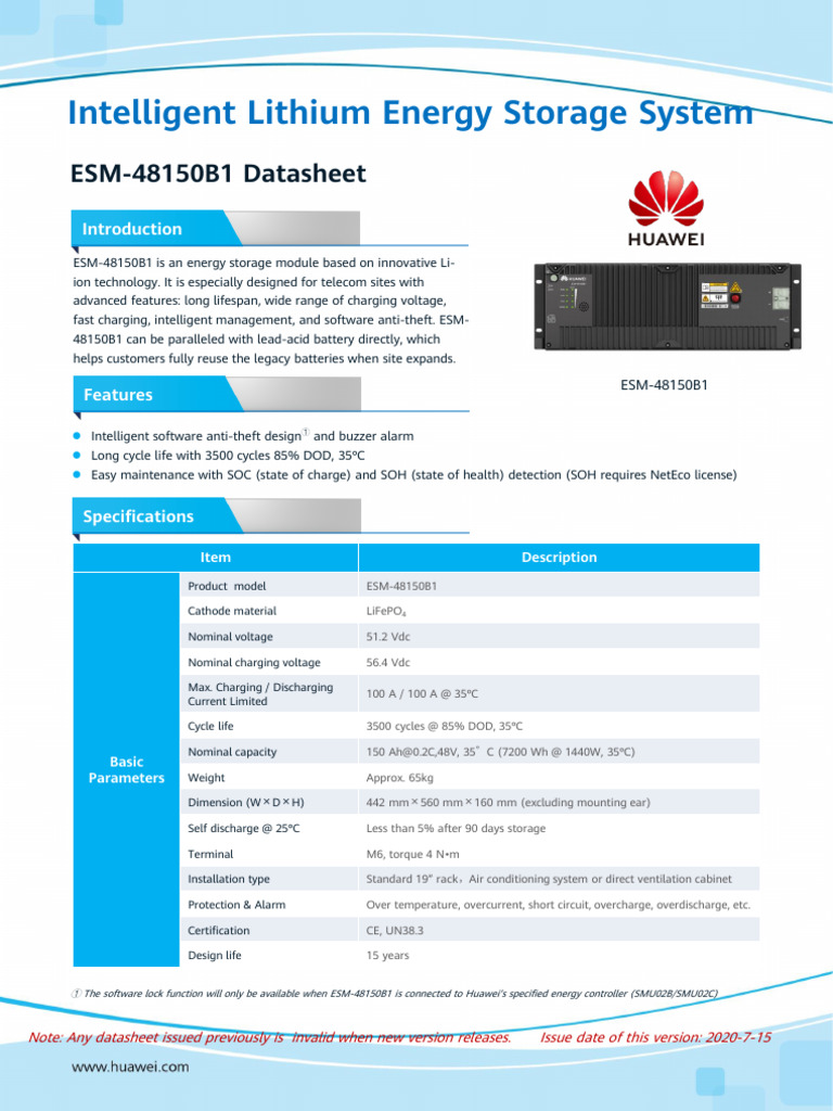 Datasheet Huawei Intelligent Lithium Energy Storage System ESM 48150B1 ...
