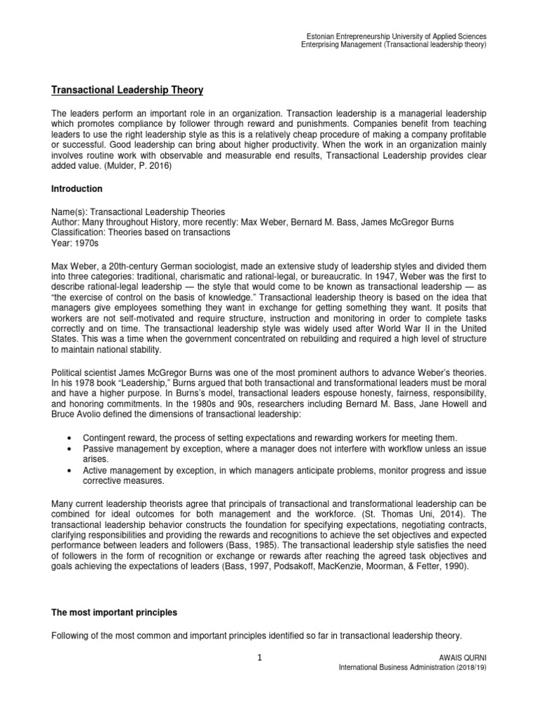 Transactional Leadership Theory | PDF | Leadership | Organizational Behavior
