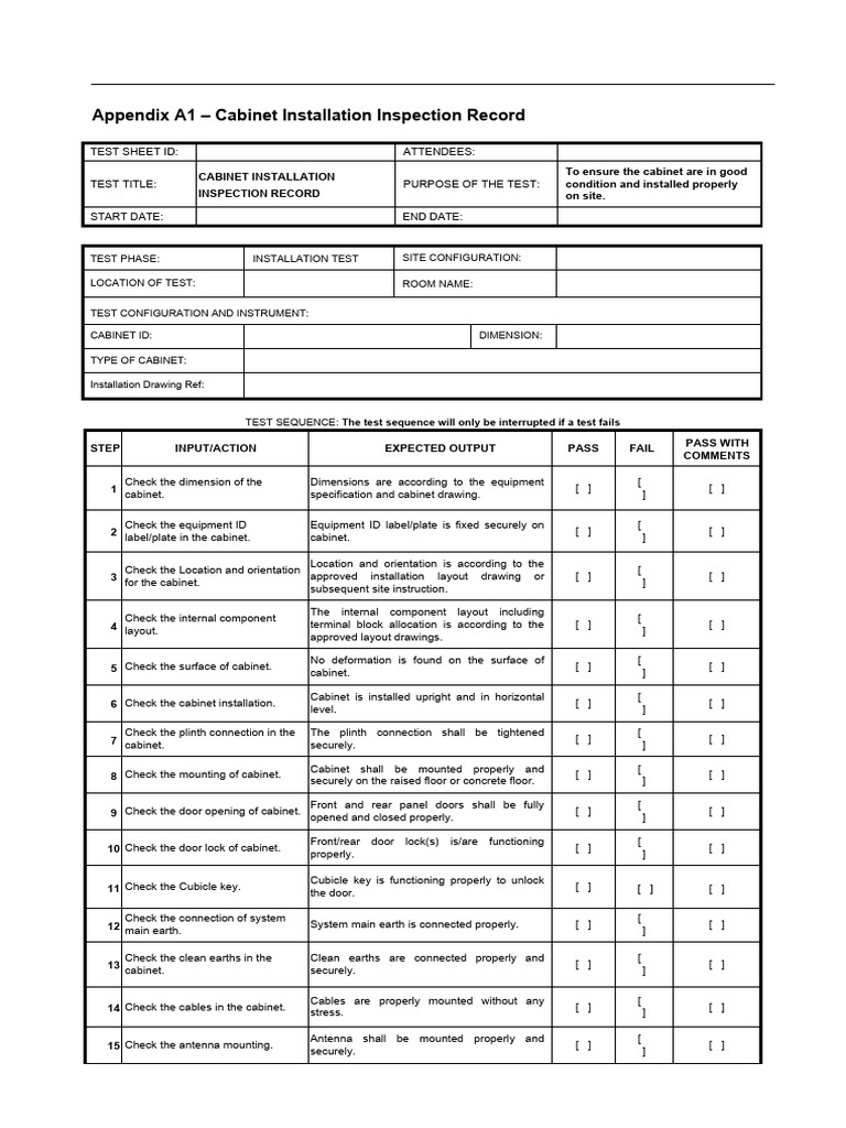 Cabinet Installation Inspection Record | PDF | Electronics | Equipment
