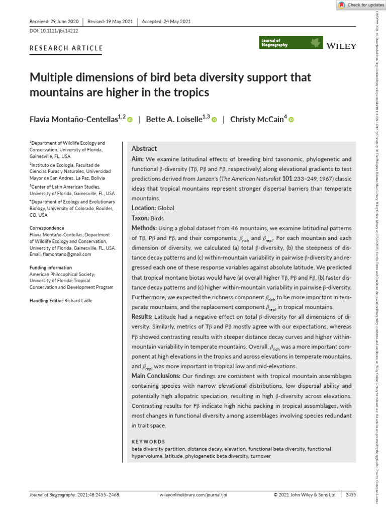 Montaño-Centellas Et Al. - 2021 - Multiple Dimensions of Bird Beta Diversity Support | PDF ...