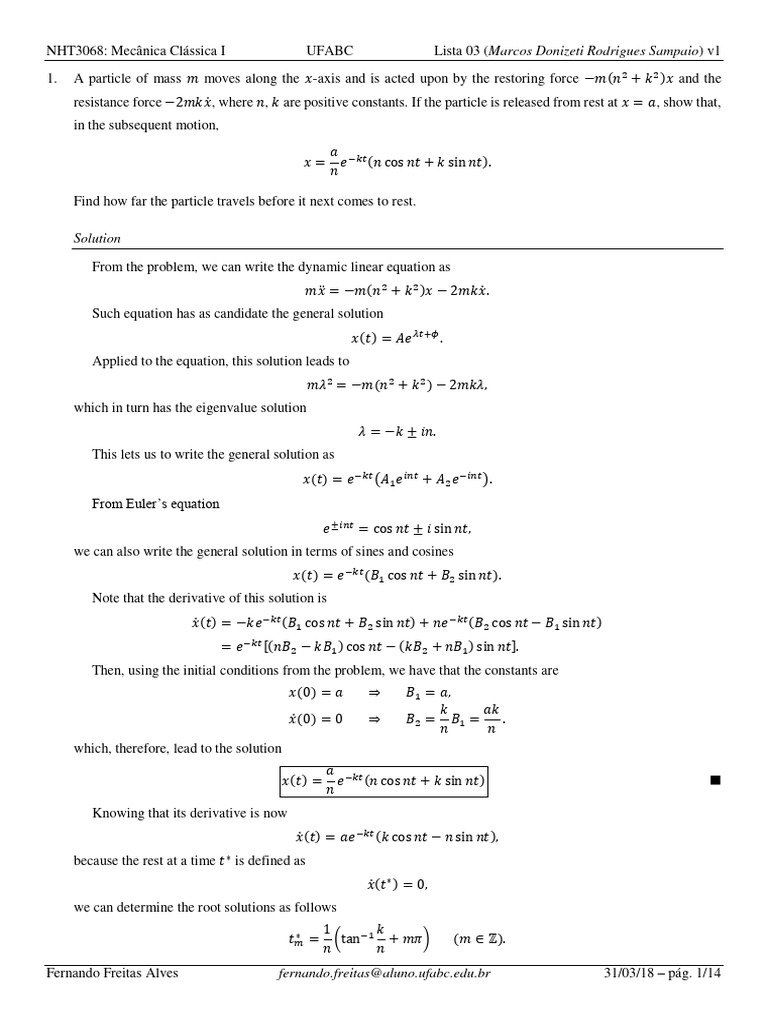 UFABC Classical Mechanics Problem Set | PDF | Differential Equations | Mechanics