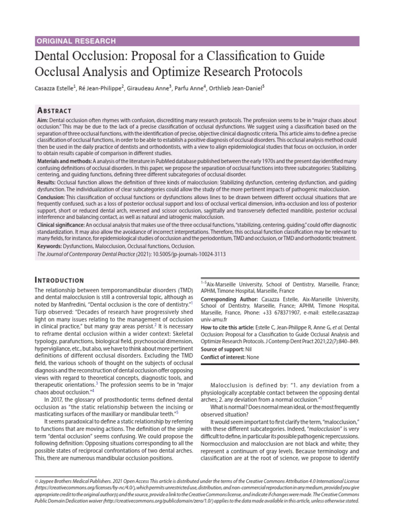 Dental Occlusion Proposal For A Classifi | PDF | Tooth | Dentistry Branches