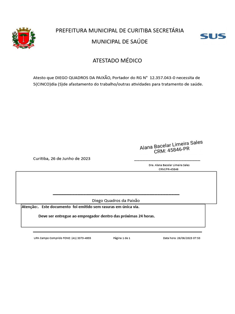 Atestado Médico - Curitiba 2023 | PDF | Negócios