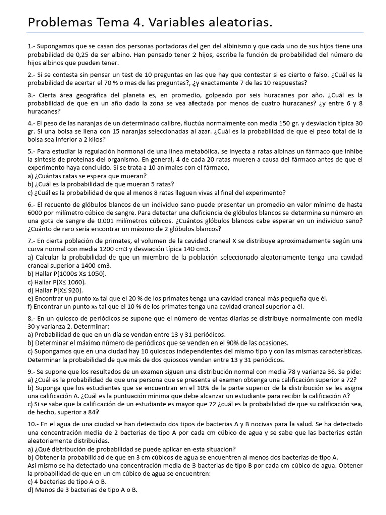 Problemas Tema4 | PDF | Probabilidad | Desviación Estándar