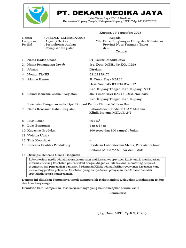Permohonan Rekomendasi DLHK BLHD Lab Medis MITAYANI | PDF