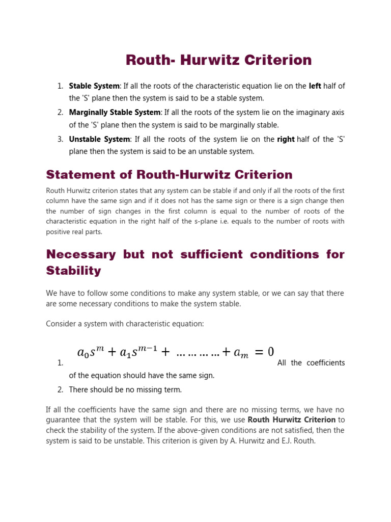 Routh Hurtwitz Criterion | PDF