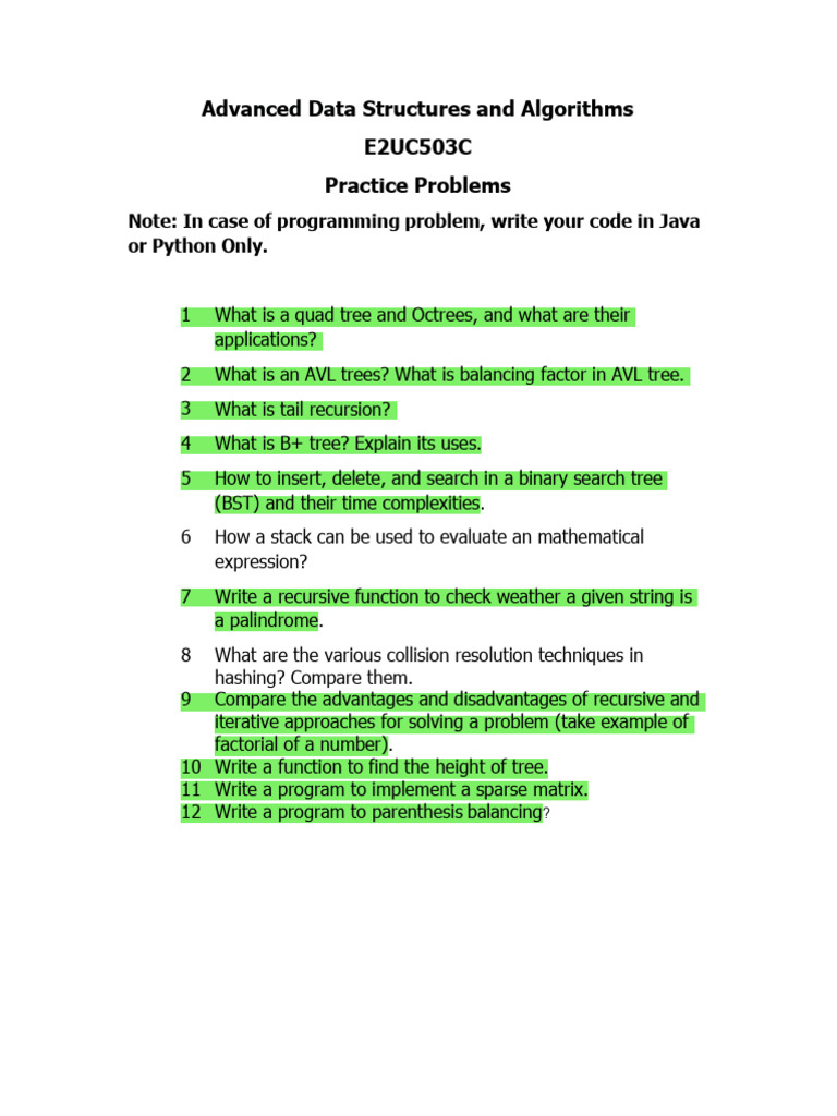 Practice Problems For ADSA | PDF Practice Problems For ADSA | PDF