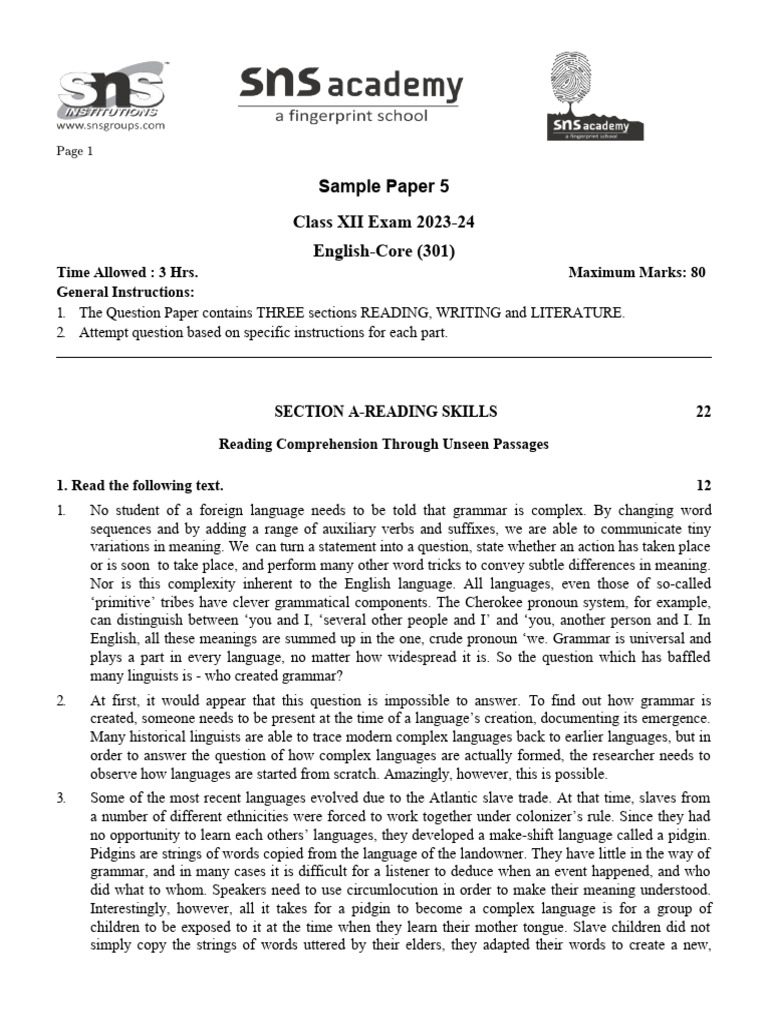 English Sample Papers | PDF | Grammar | Sign Language
