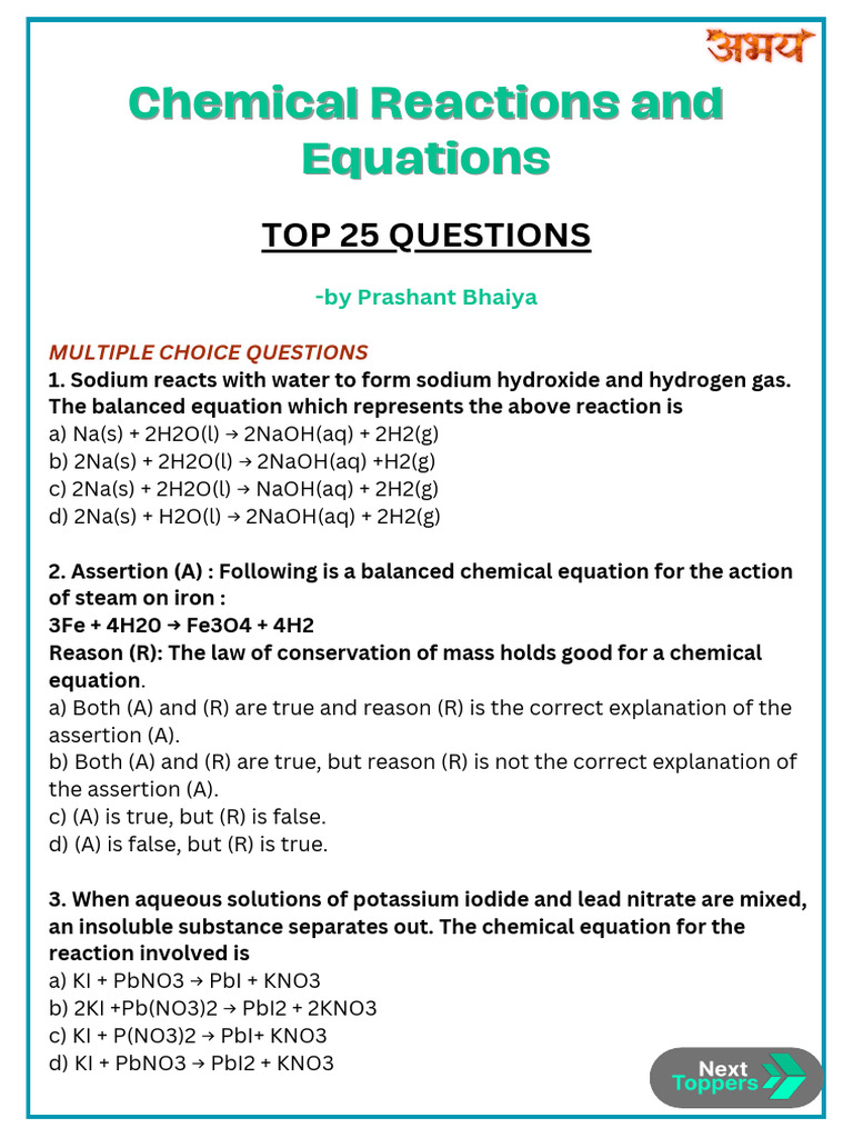 1chemical Reactions & Equations Top 25 Questions Prashant Kirad | PDF ...
