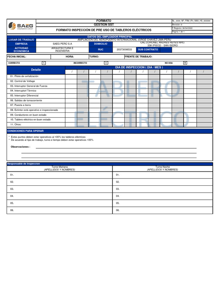 Formato Inspección de Pre Uso de Tableros Eléctricos | PDF