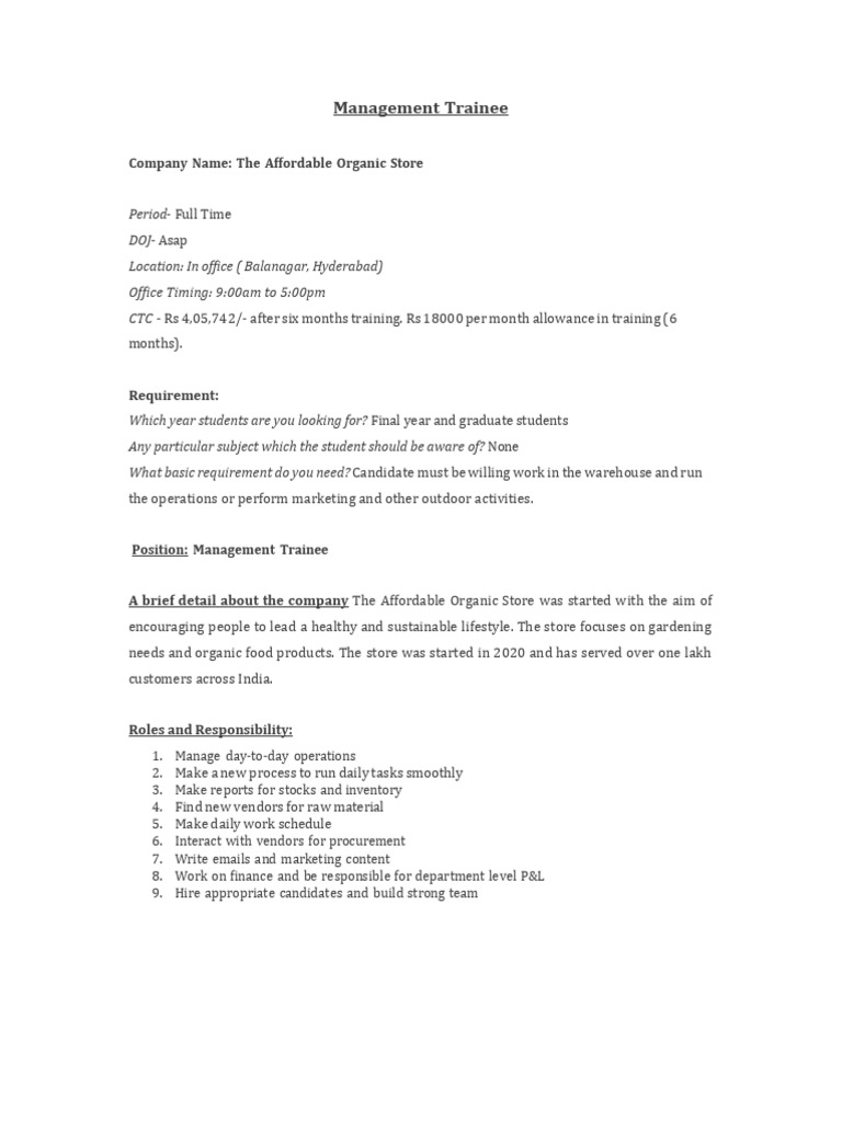 JD For Management Trainee | PDF | Employment | Salary
