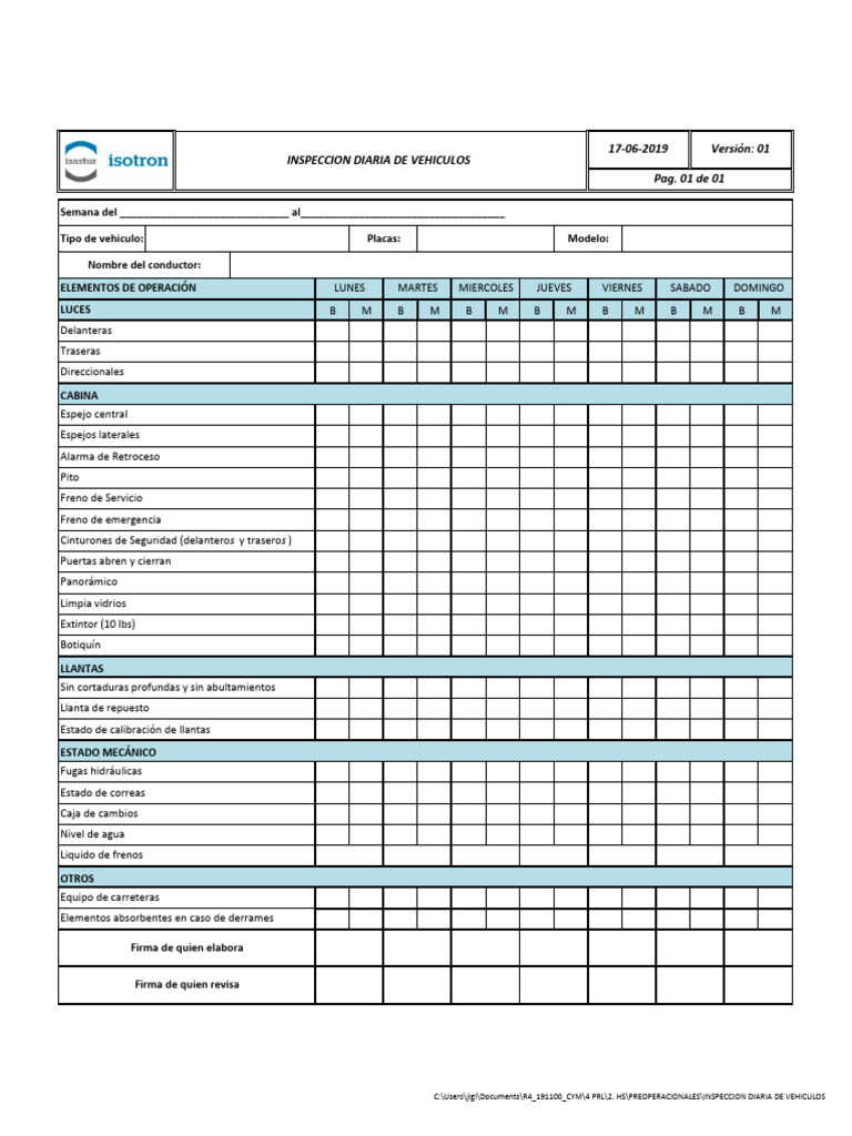 INSPECCION DIARIA DE VEHICULOS | PDF INSPECCION DIARIA DE VEHICULOS | PDF