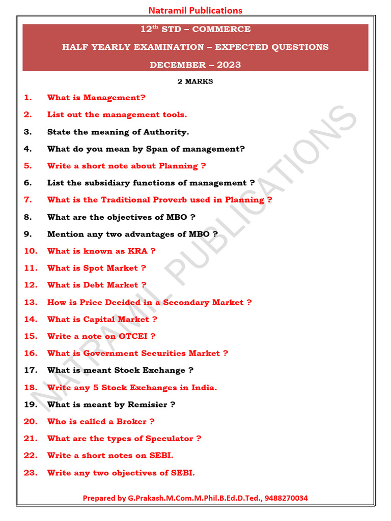 12th E.M. 2&3 Marks Important Questions | PDF | Market (Economics) | Stocks