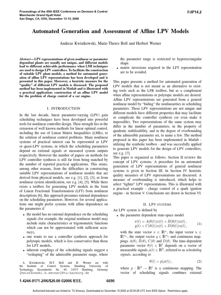 Automated Generation and Assessment of Affine LPV Models | PDF | Systems Science | Algebra