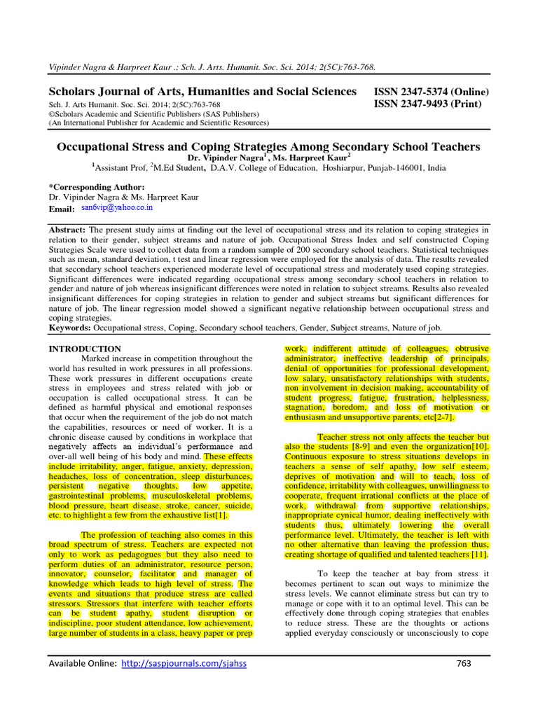Occupational Stress in School Teachers | PDF | Teachers | Stress (Biology)