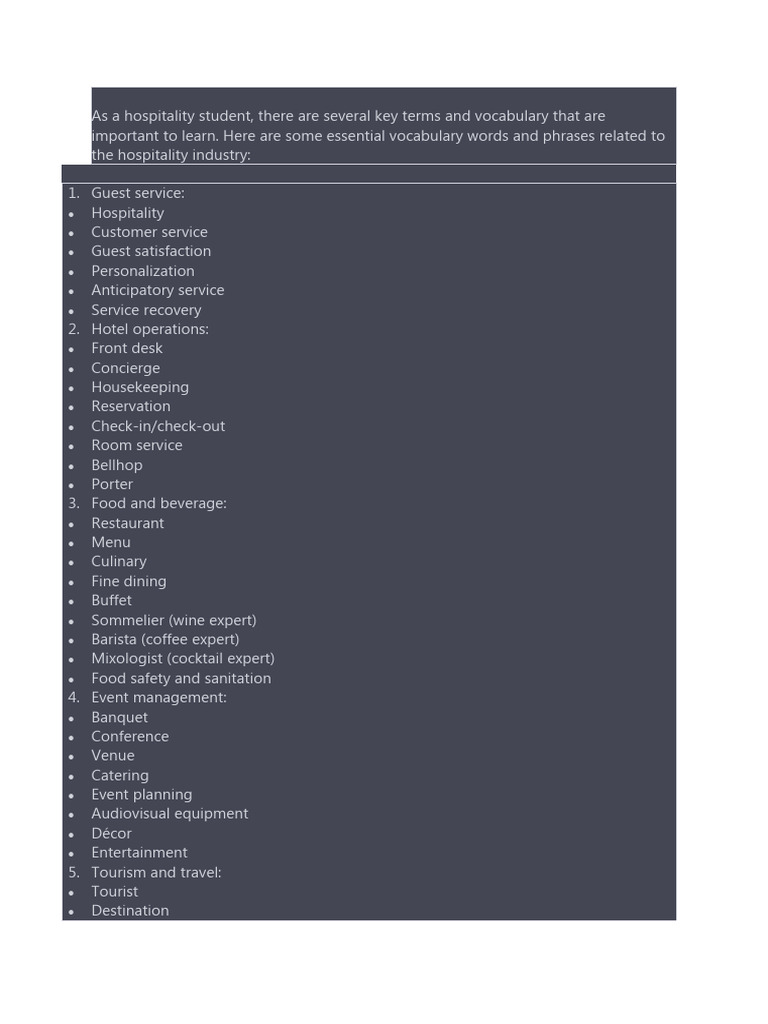 Vocab Hosp | PDF | Hotel | Hospitality Industry