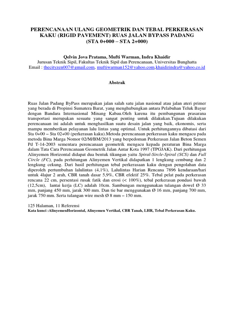 Perencanaan Ulang Geometrik Dan Tebal Perkerasan Kaku (Rigid Pavement) Ruas Jalan Bypass Padang ...