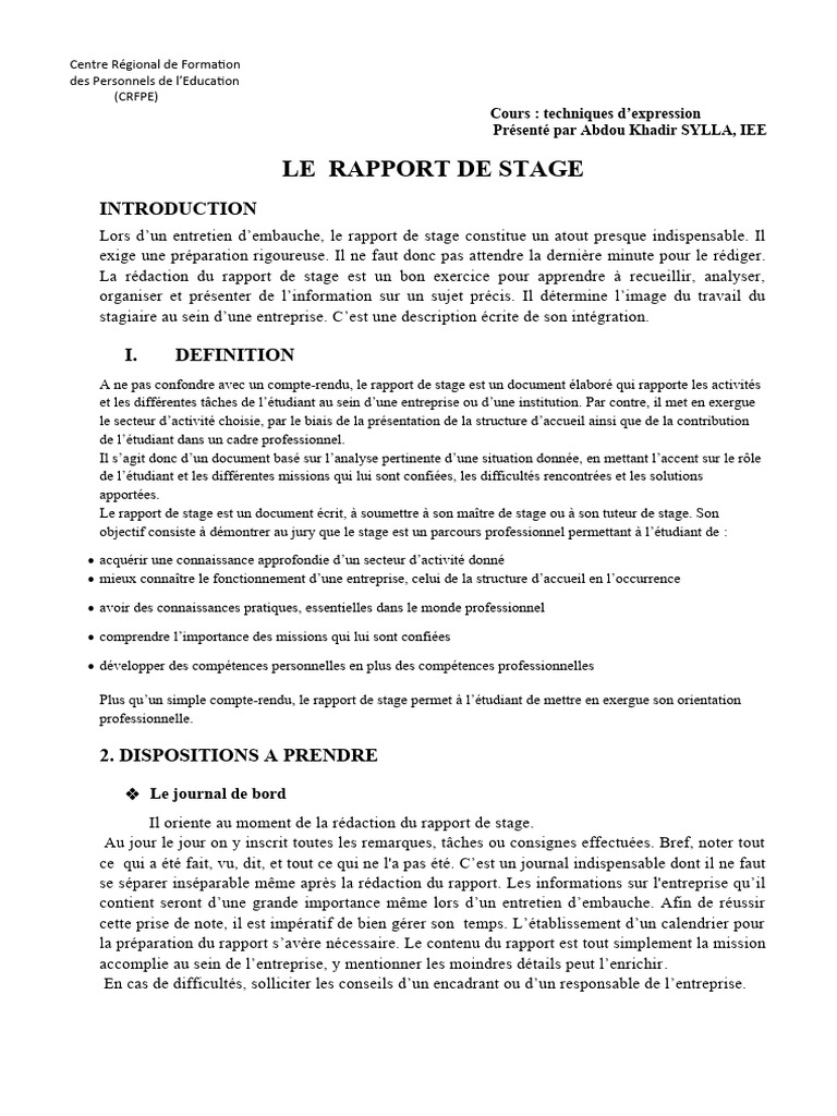 Rapport de Stage Etudiant | PDF
