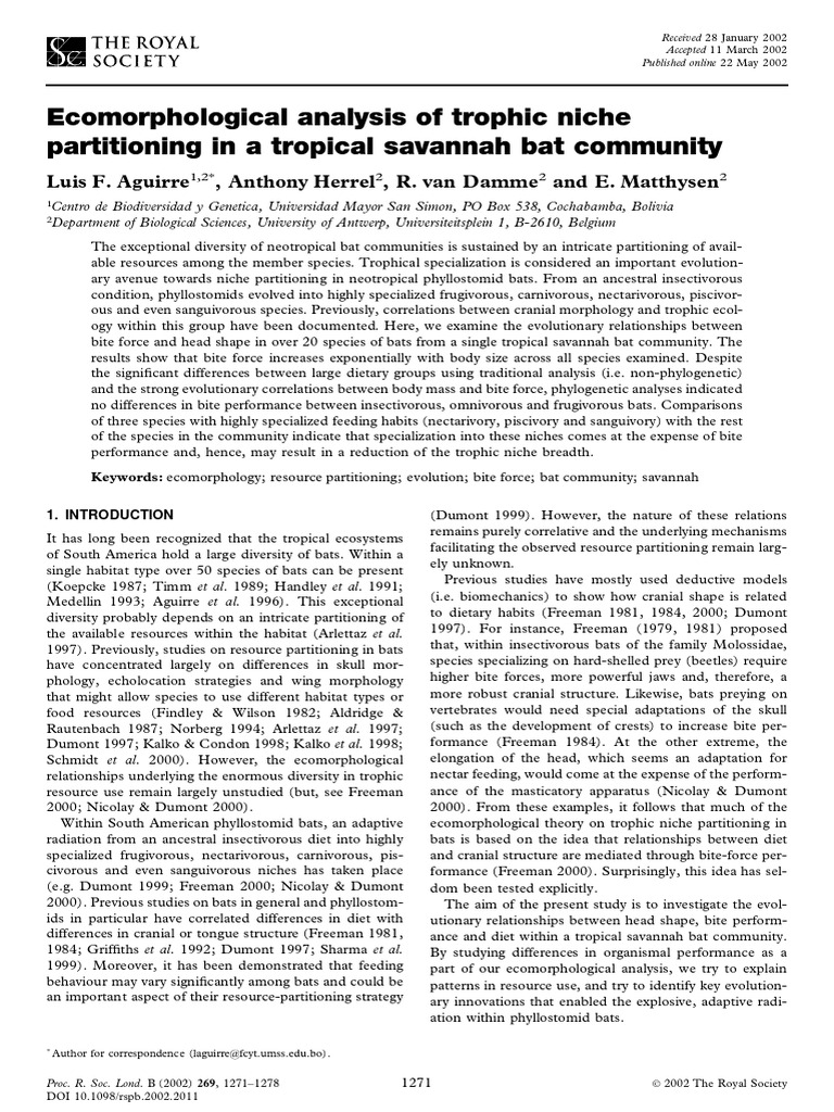 Aguirre Et Al. 2002. Ecomorphological Analysis of Trophic Niche Partitioning in a Tropical ...