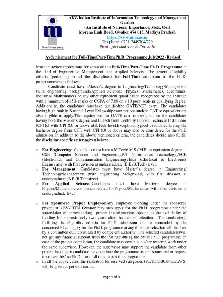 Advertisement PHD Full Time Part Time 2022 - Final - Updated - 11.05.22 | PDF | Doctor Of ...