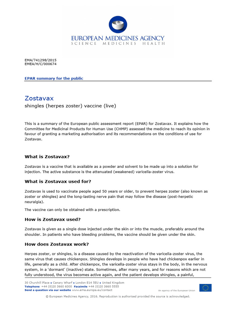 Zostavax Shingles Vaccine EPAR Summary | PDF | Health Care | Vaccination