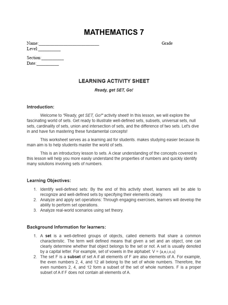 Mathematics 7 | PDF | Set (Mathematics) | Empty Set