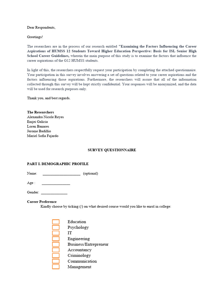 Career Aspirations Survey for HUMSS Students | PDF | Cost Of Living ...