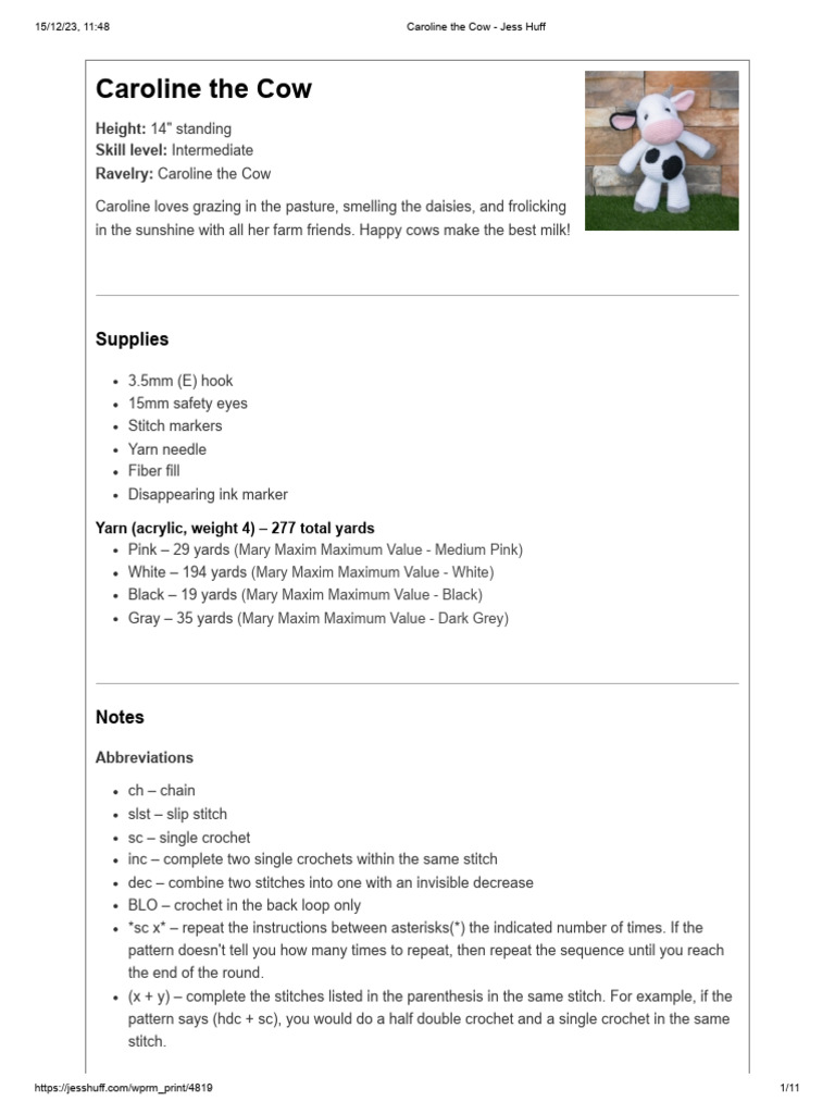 Caroline The Cow: Supplies | PDF | Crochet | Surgical Suture
