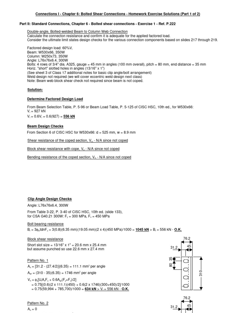Connections 1 - Ch.6 Bolted Shear Connections - Exercise Solutions (1 ... Connections 1 - Ch.6 Bolted Shear Connections - Exercise Solutions (1 ...