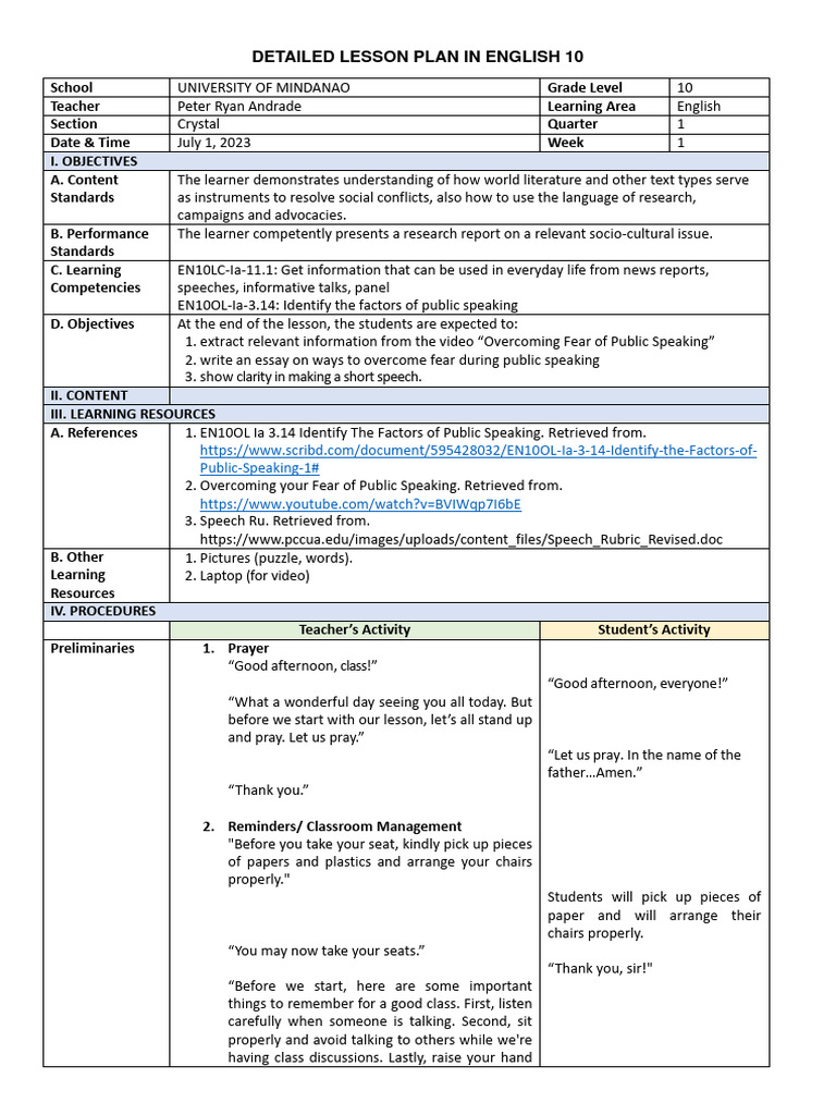Detailed Lesson Plan Template 1 | PDF | Nonverbal Communication ...