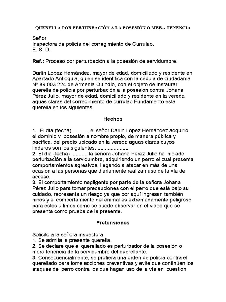 Querella Por Perturbacion A La Posesion o Mera Tenencia | PDF ... Querella Por Perturbacion A La Posesion o Mera Tenencia | PDF ...