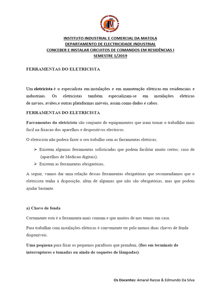 Ferramentas Do Eletricista Doc Aula 1 Pdf Eletricista Eletricidade