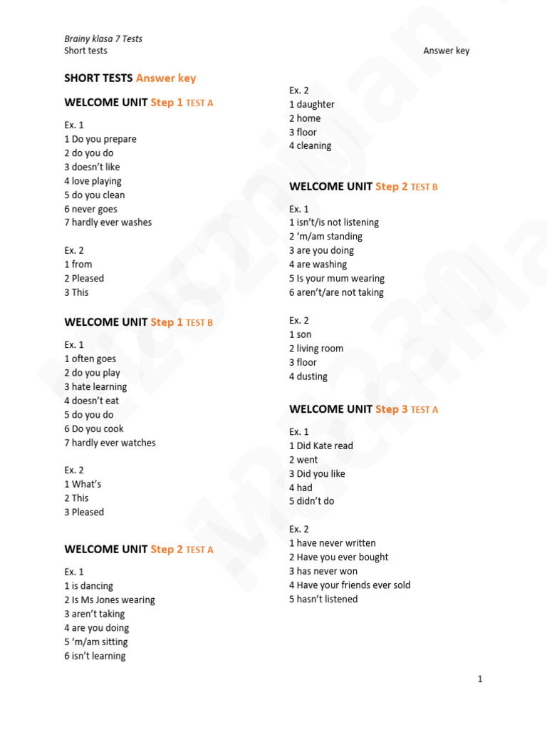 Brainy kl7 Short Tests Answer Key | PDF Brainy kl7 Short Tests Answer Key | PDF