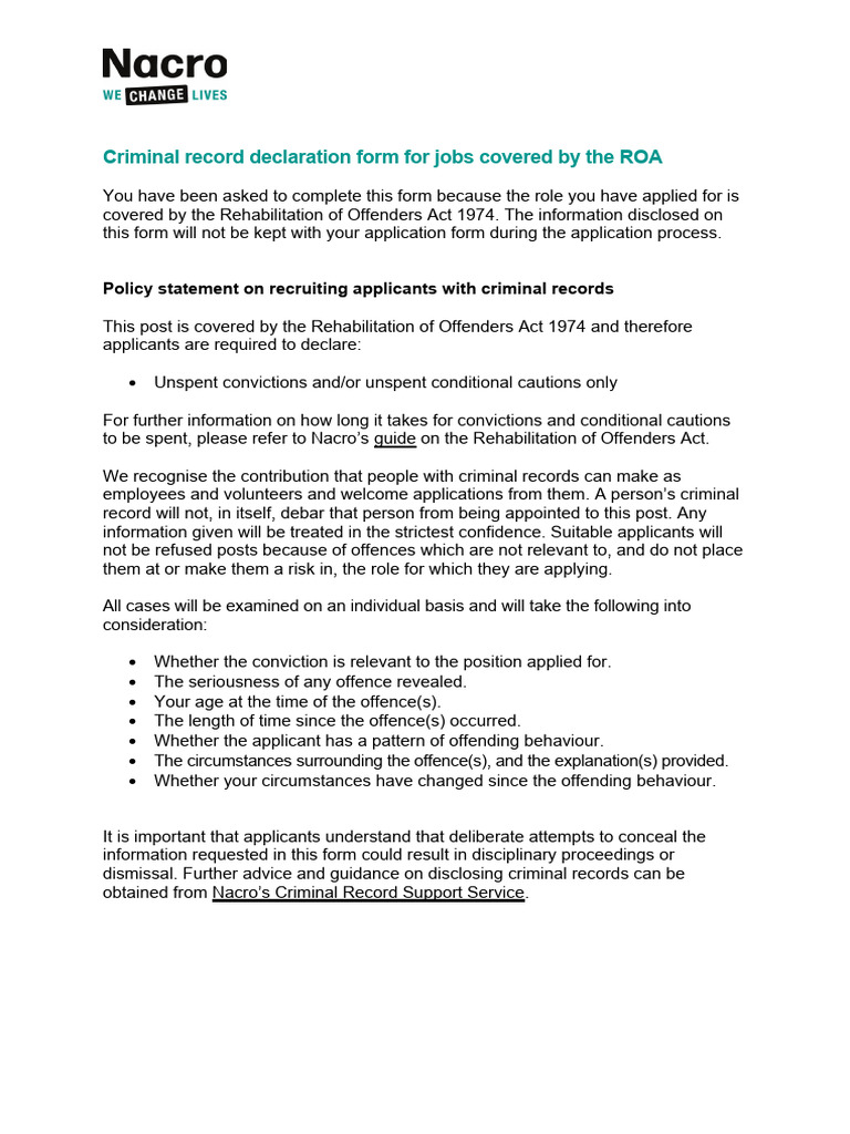 Criminal Record Declaration Form For Jobs Covered by The ROA | PDF ...