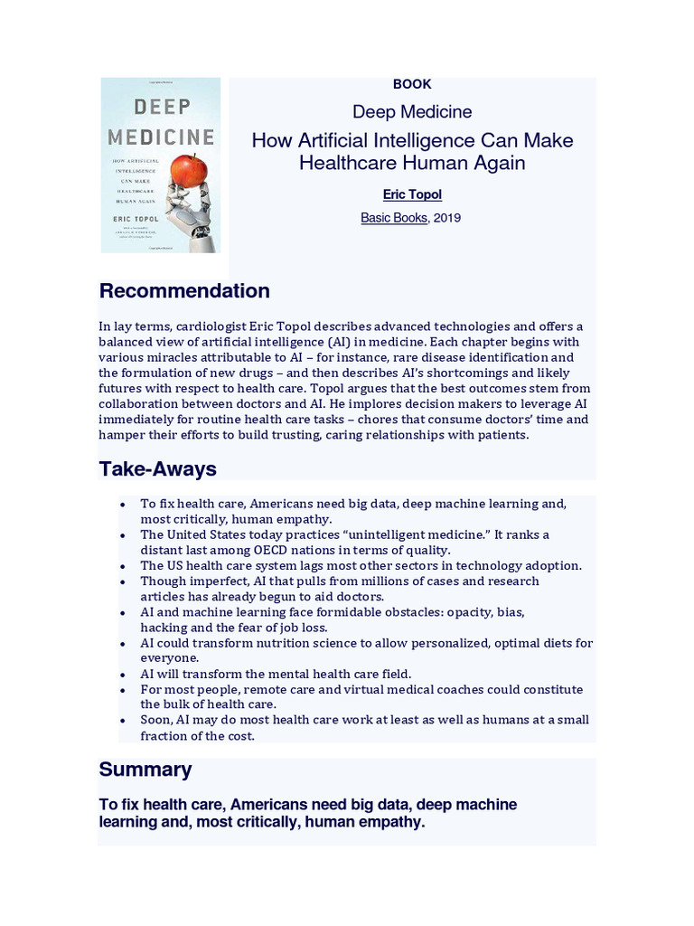 Deep Medicine | PDF | Medical Diagnosis | Artificial Intelligence