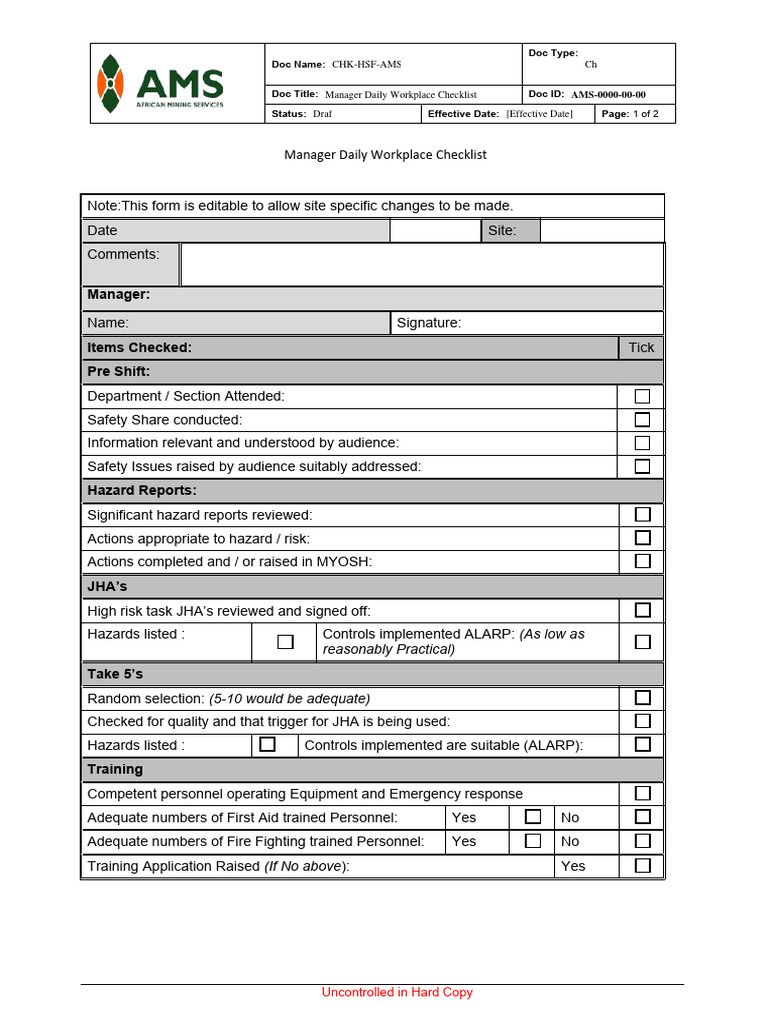 Manager Daily Workplace Checklist | Download Free PDF | Workplace ...