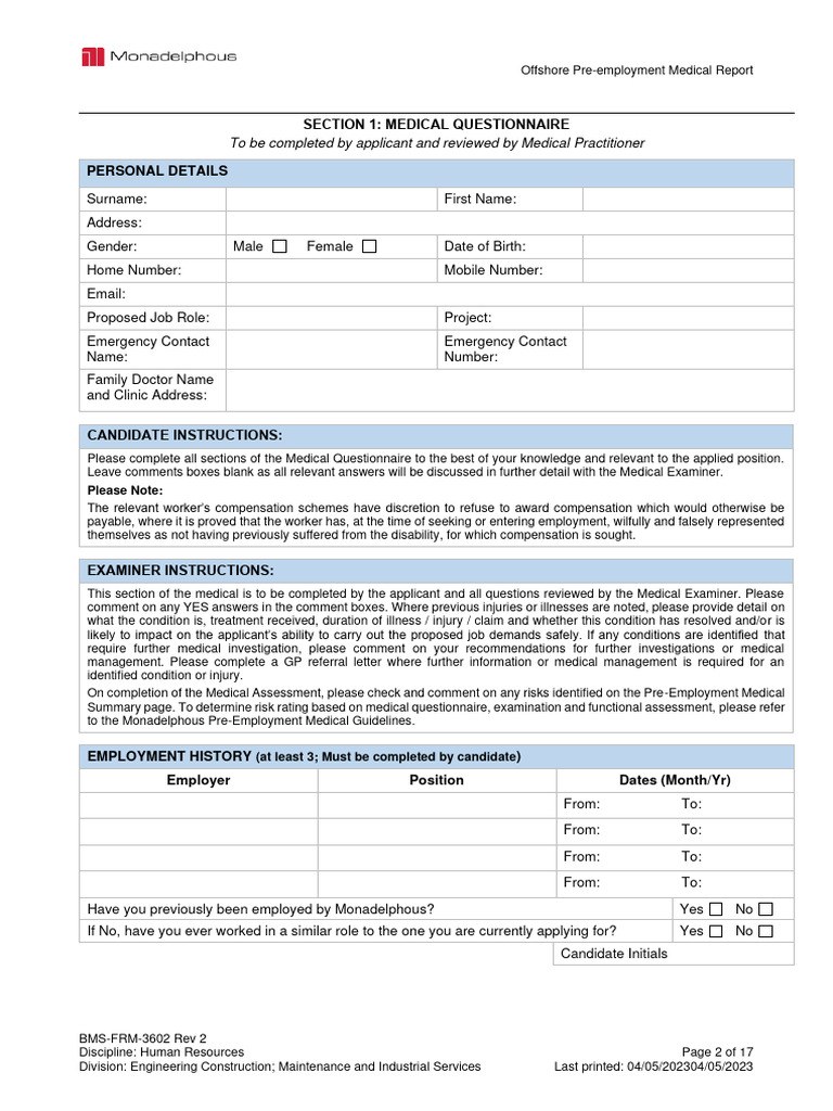 Offshore Pre-employment Medical Screening | PDF | Cough | Medical Record