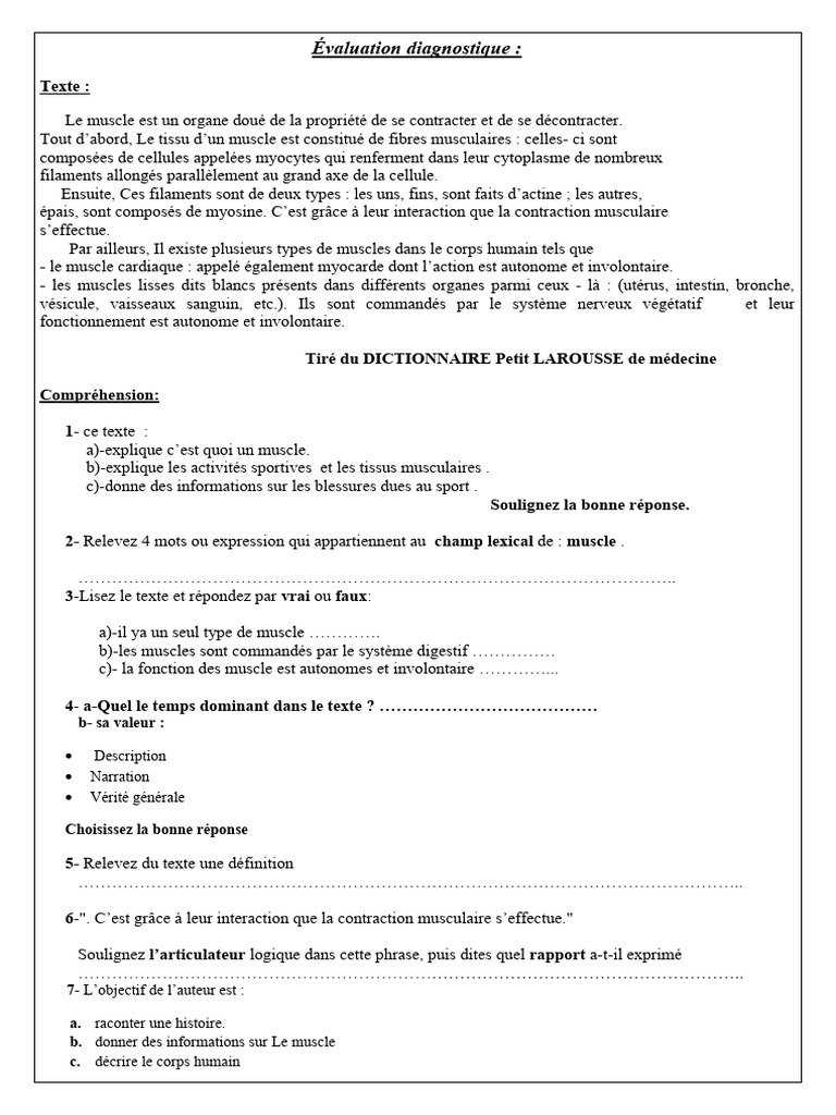 Évaluation Diagnostique 1as Muscle | PDF