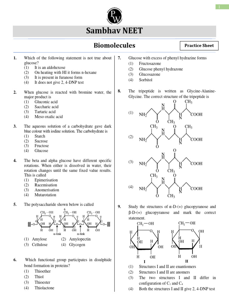BIOMOLECULES - Practice Sheet - Sambhav NEET Kannada | PDF