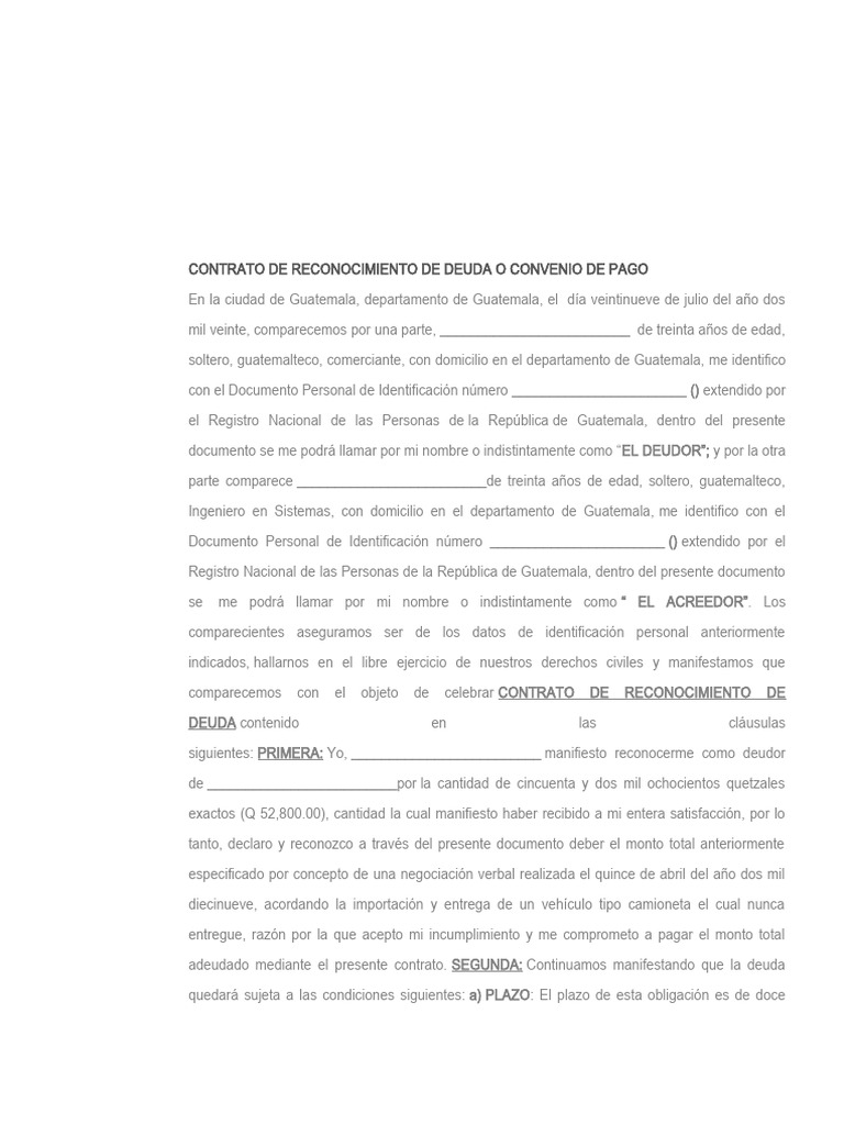 Minuta Contrato de Reconocimiento de Deuda o Convenio de Pago | PDF | Pagos