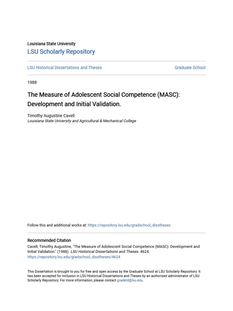 The Measure of Adolescent Social Competence (MASC) - Development A | PDF | Social Skills ...