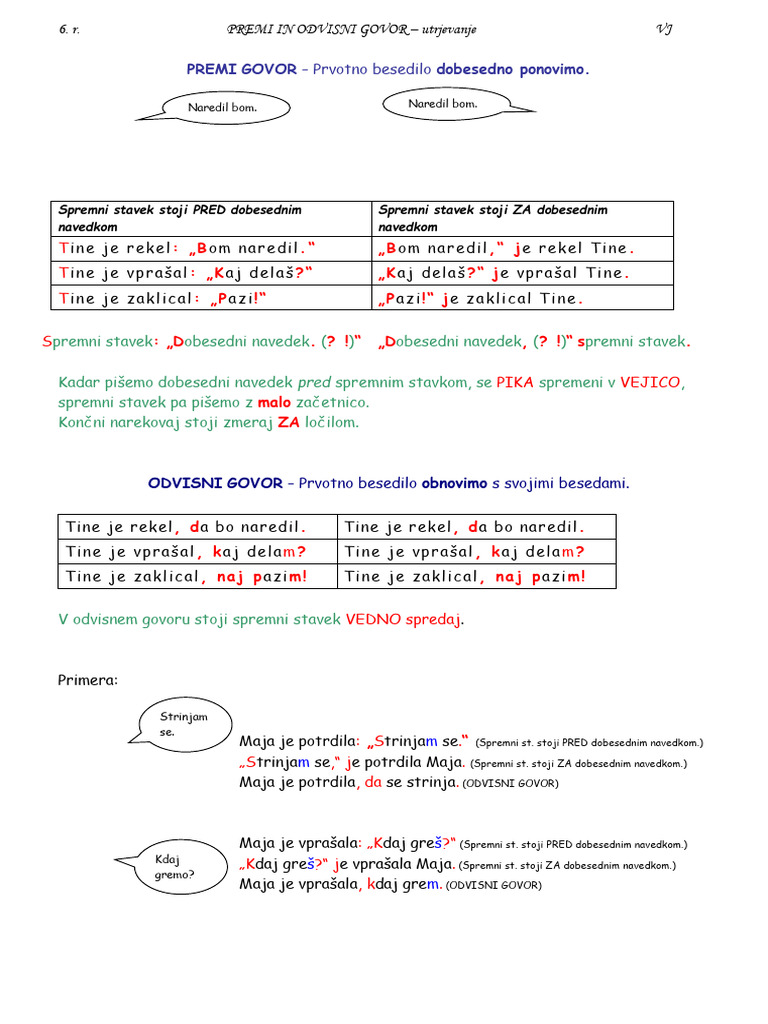 SLJ - 6razred - Utrjevanje List Za Premi in Odvisni Govor | PDF